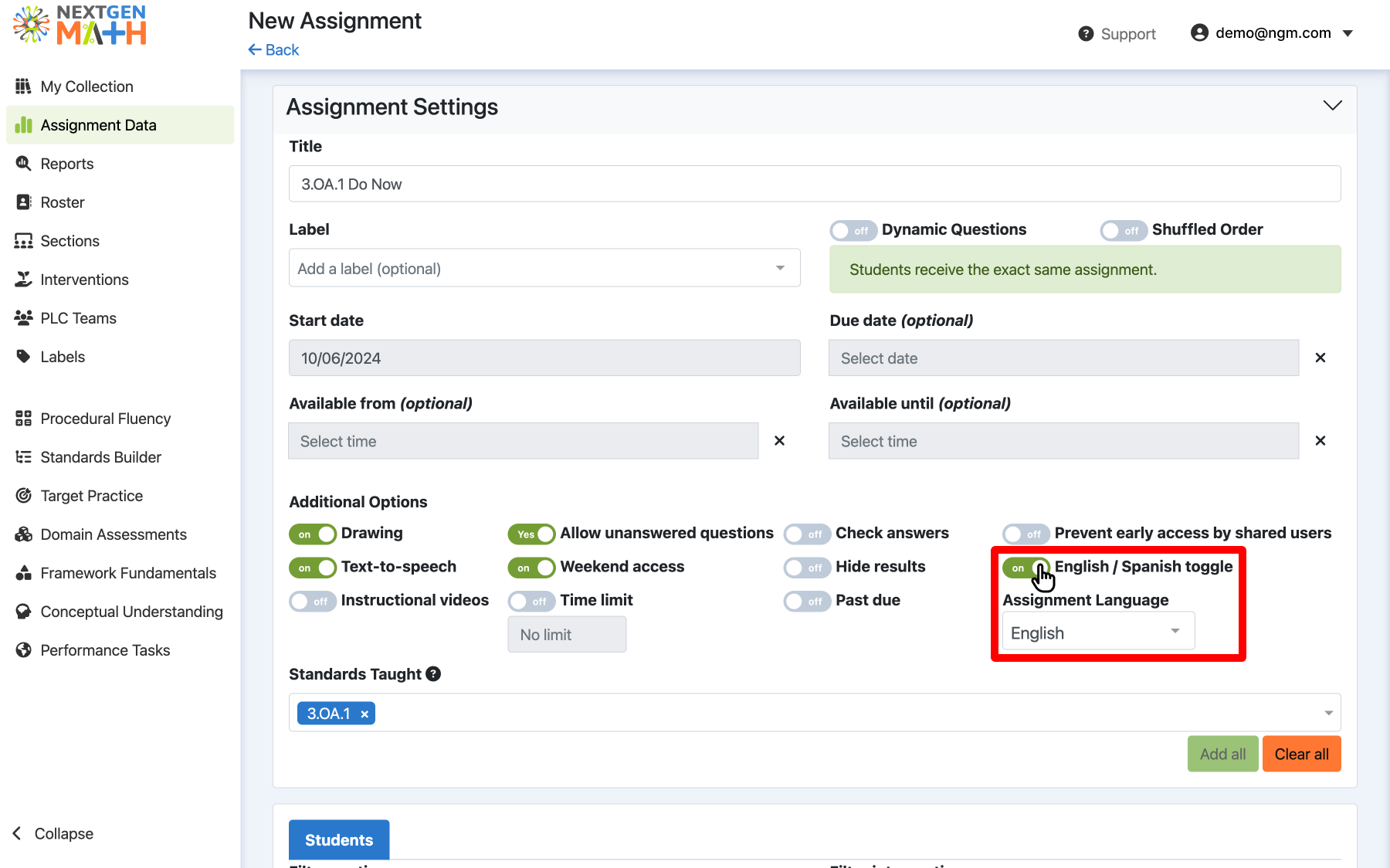 Translating Assignments into Spanish – Next Gen Math